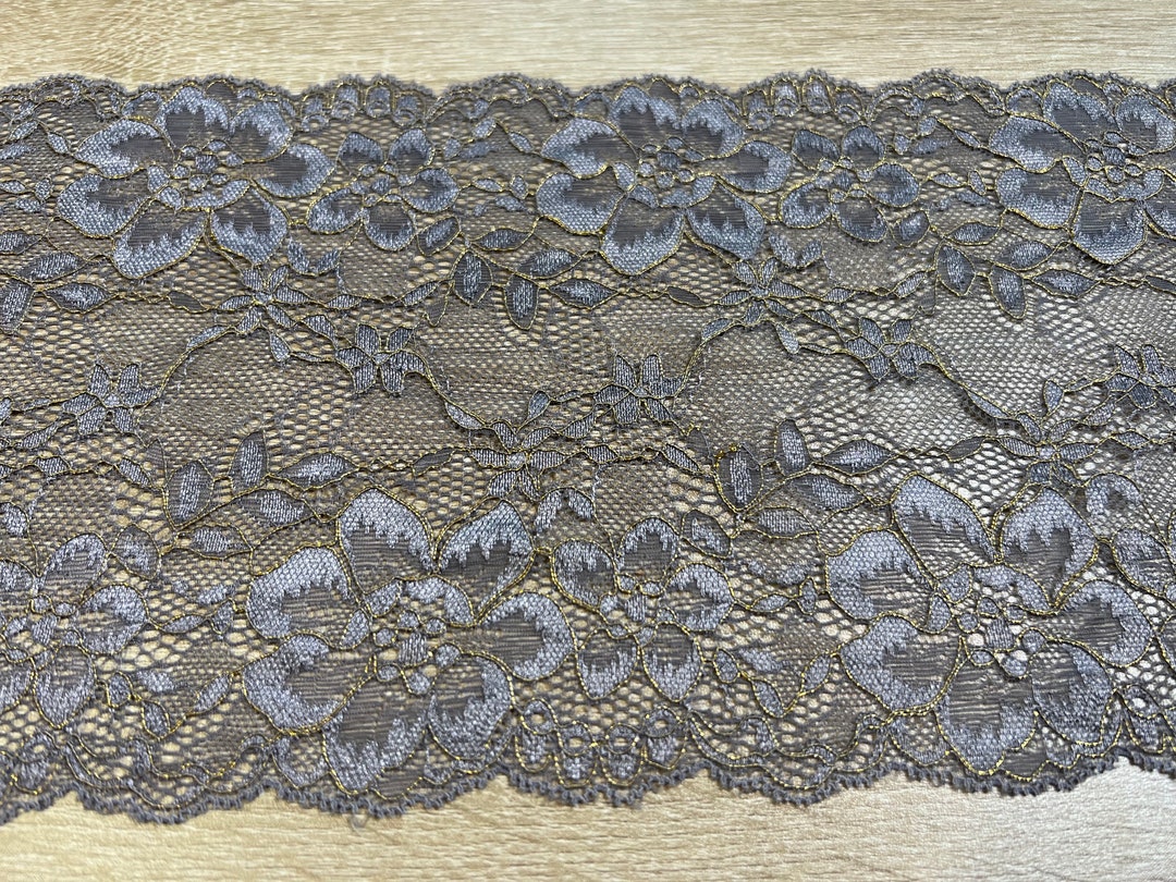 2m Silver Grey Lace Trim, Gold Chording Rose Floral Lace Trim 7" Wide ...