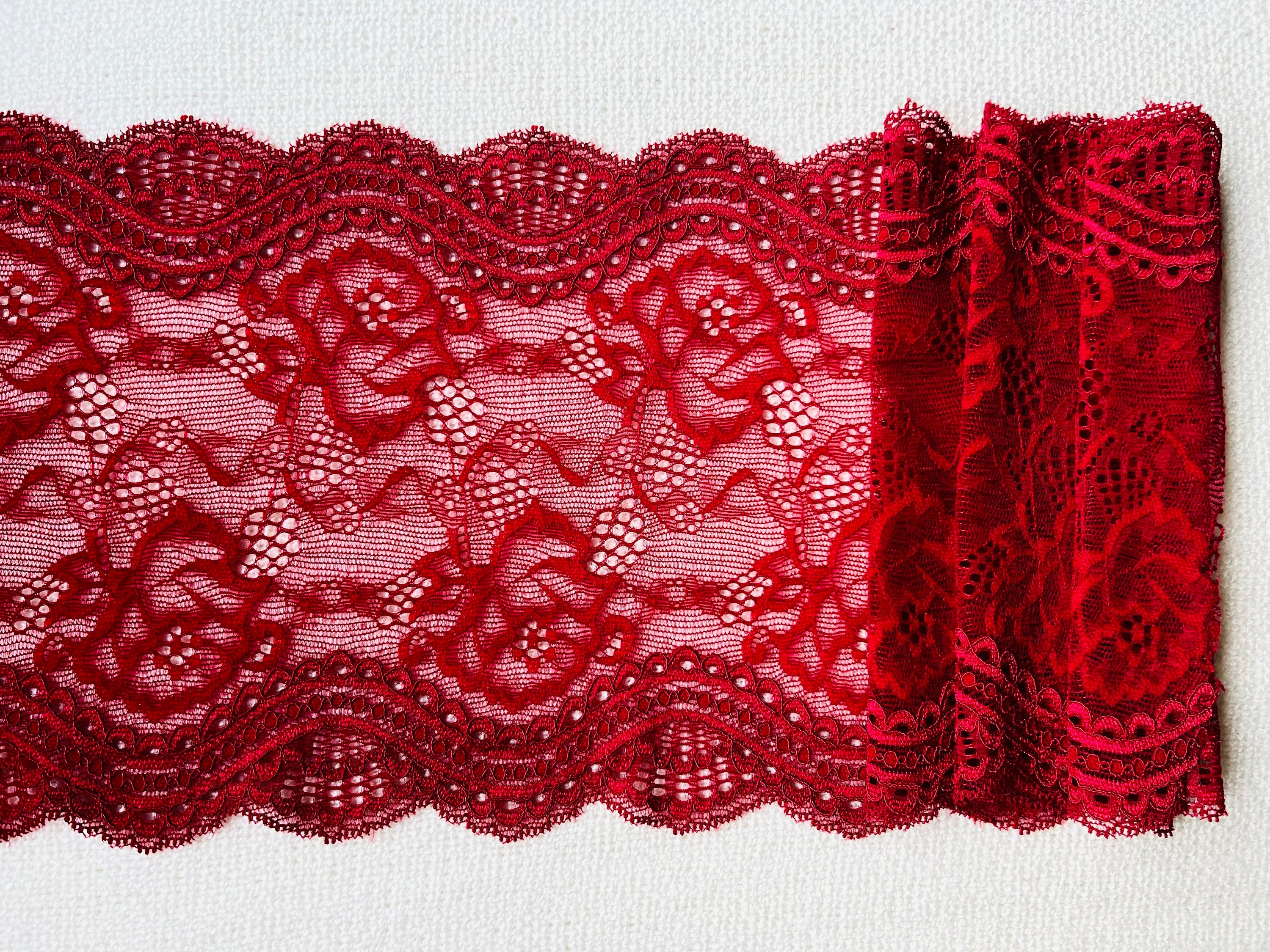 2m Rose Red Lace Trim, Floral Wide Stretch Lace, Red Wide Stretch Lace ...