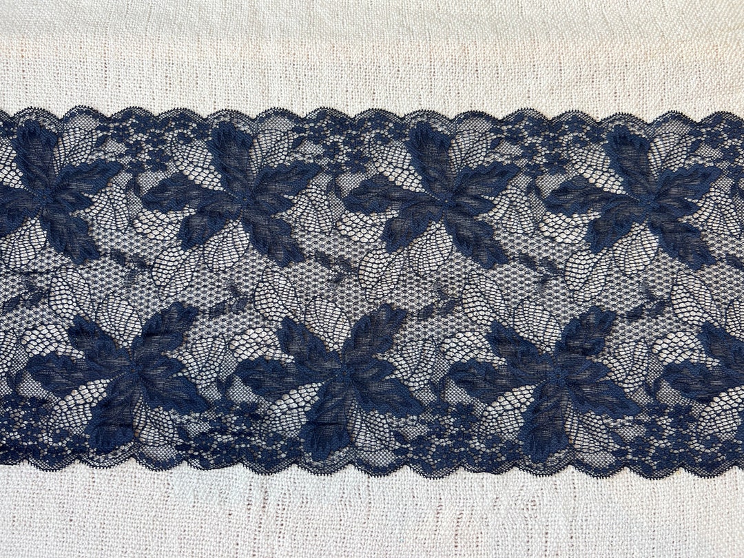 2m Navy Blue Lace Trim, Floral Galloon Lace, Navy Wide Stretch Lace ...