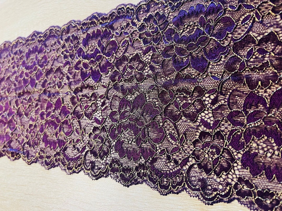 2 Metres Royal Purple Lace Trim With Gold Corded Thread Detail & Floral ...
