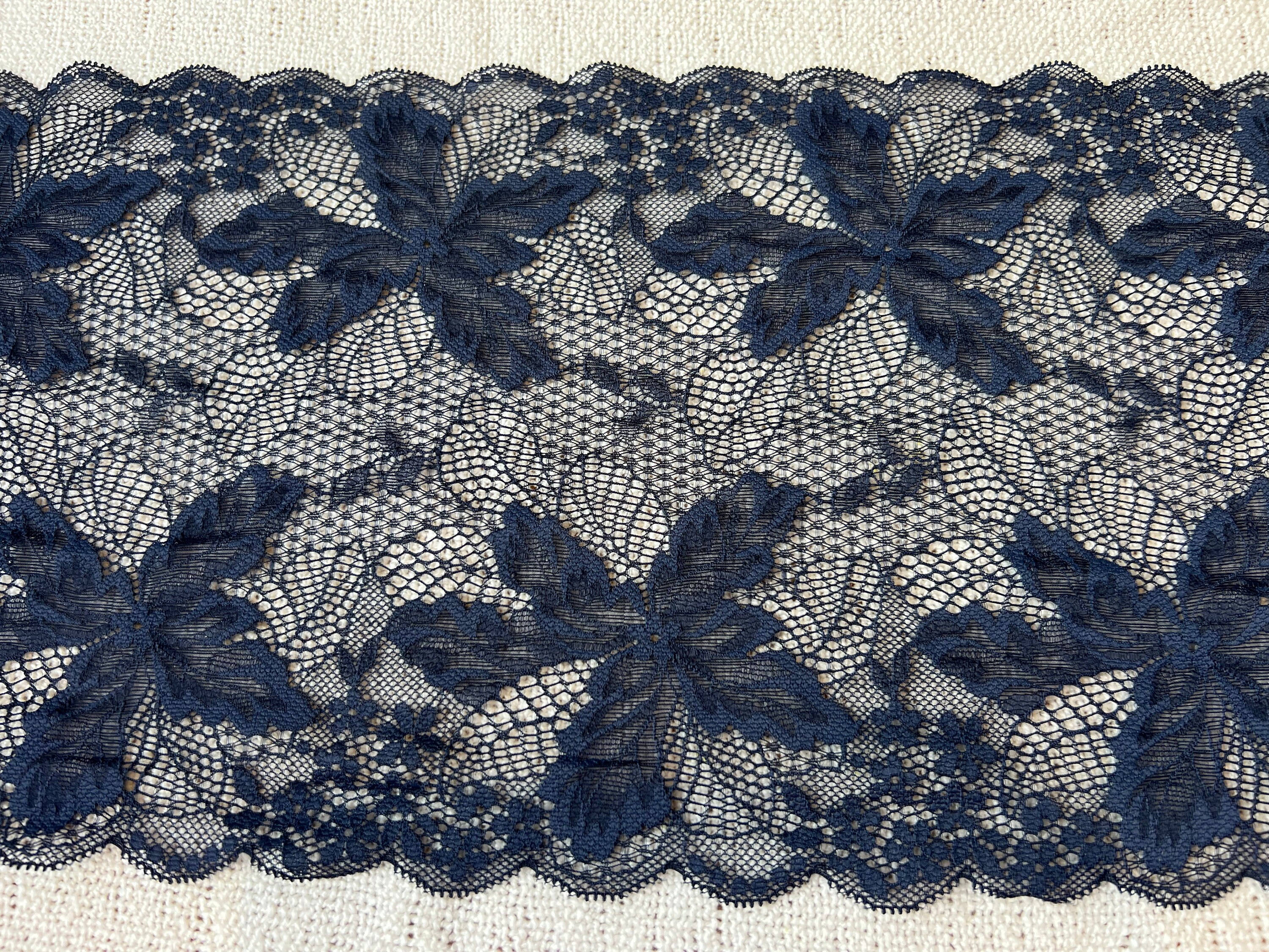 2m Navy Blue Lace Trim, Floral Galloon Lace, Navy Wide Stretch Lace ...