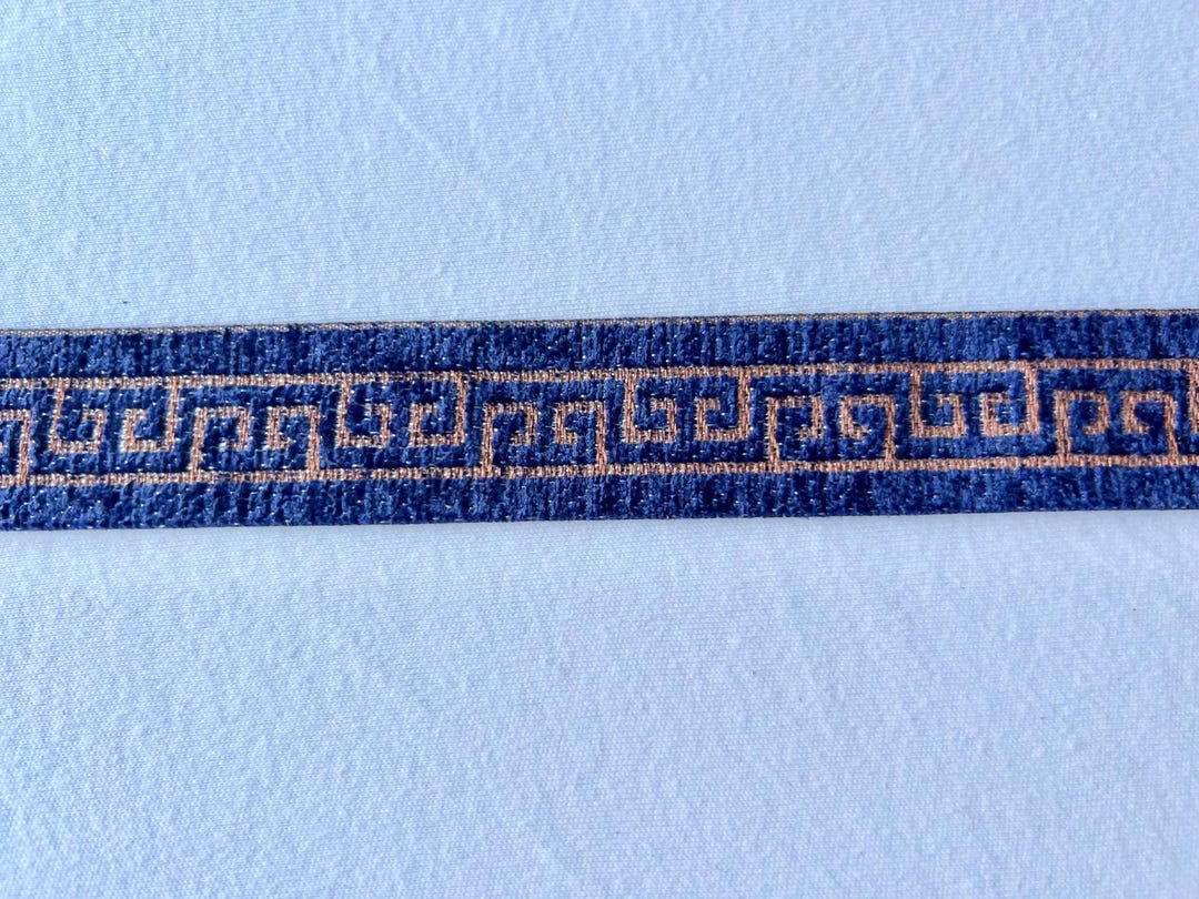 90's Denim Greek Key Braid. Blue & Beige Gold Greek Pattern Jacquard ...