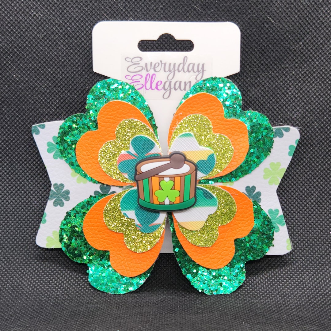 St. Patrick's Day 5 Layer 4 Leaf Clover Glitter Bow With an Irish Drum ...