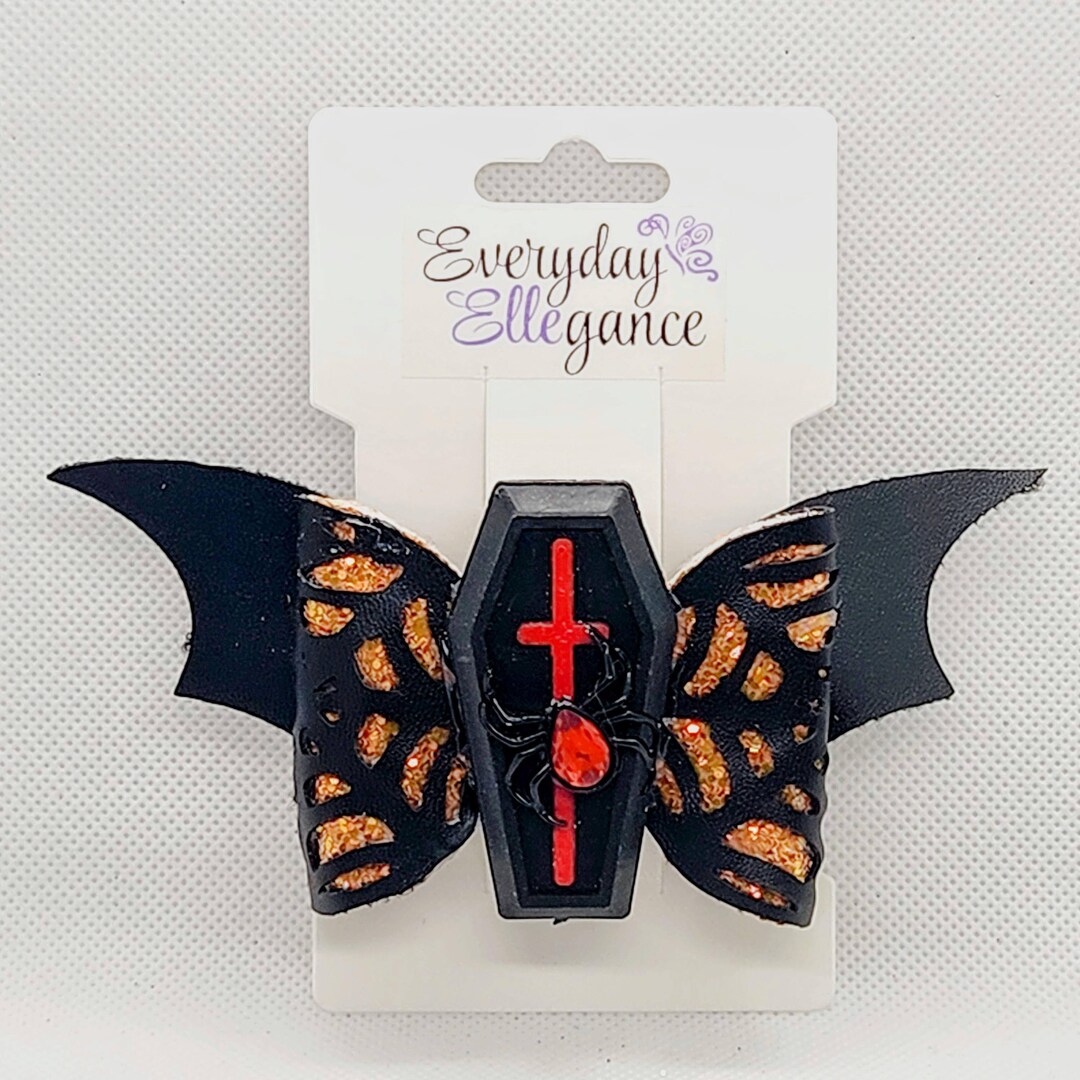Halloween Glitter Bat Wing Cut-out Bow With a Coffin and Jeweled Spider ...