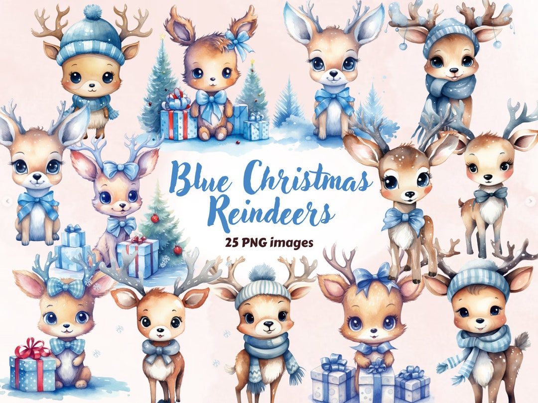 Christmas Cute Reindeer Clipart PNG Blue Christmas Clipart Bundle Baby ...