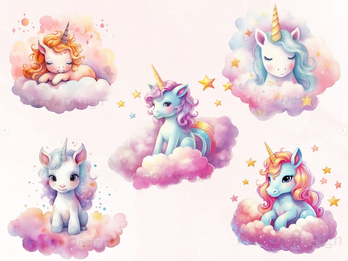20 Fairytale Unicorns on Clouds Watercolor Clipart Bundle - Etsy