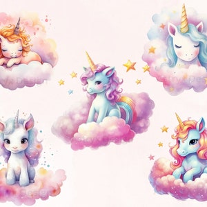 20 Fairytale Unicorns on Clouds Watercolor Clipart Bundle, PNG, Unicorn ...