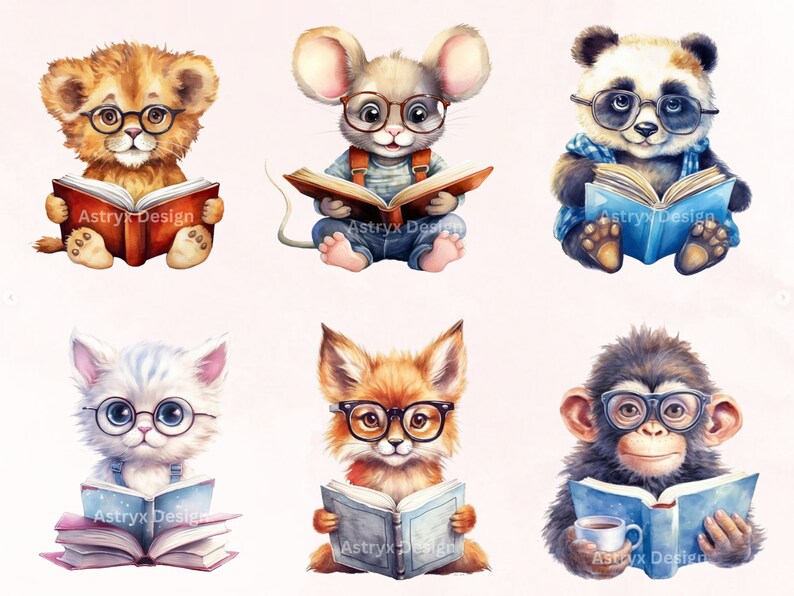 Watercolor Bookworm Animals Clipart, Fairytale Reading Animals Clipart ...