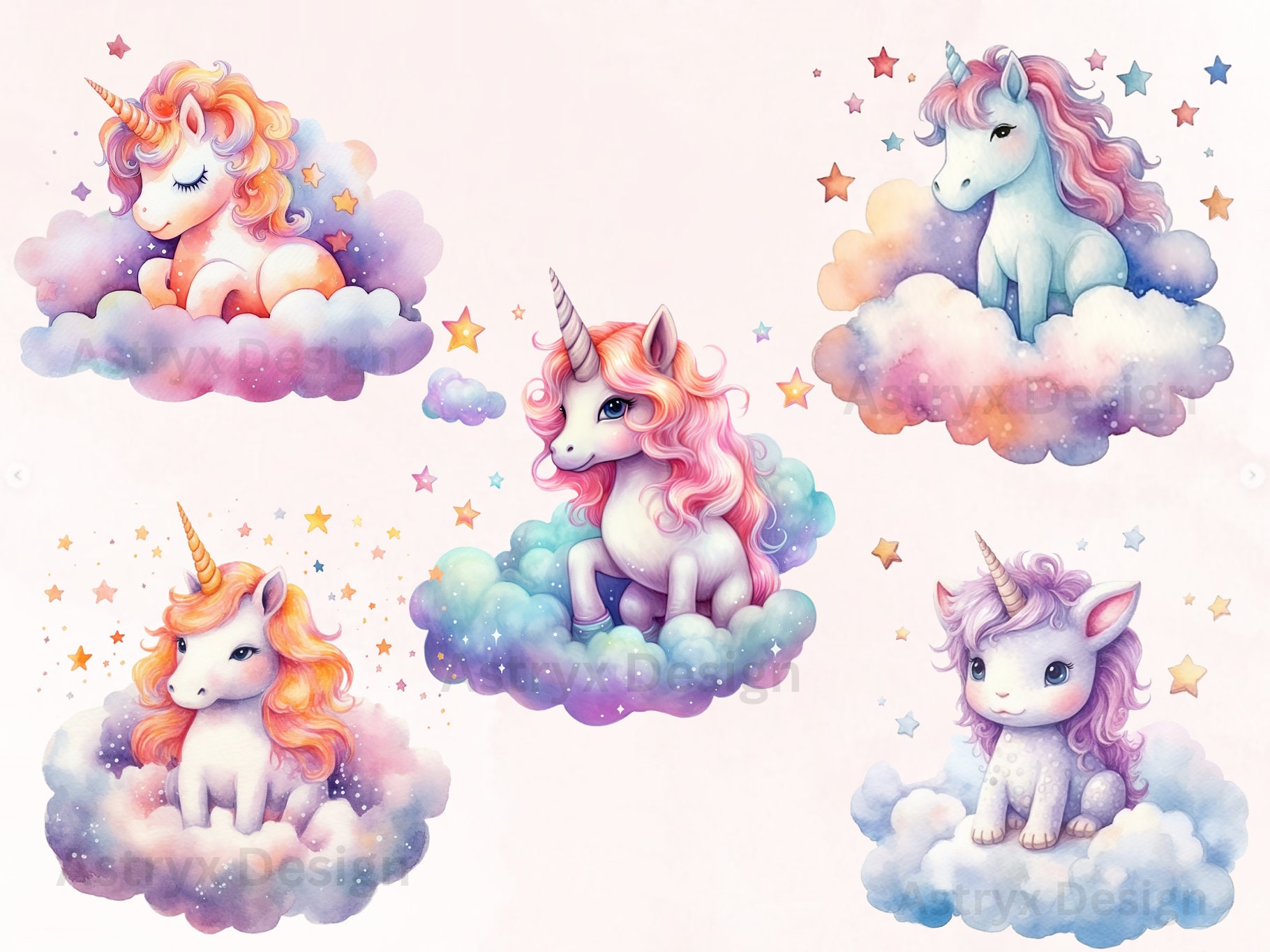20 Fairytale Unicorns on Clouds Watercolor Clipart Bundle - Etsy