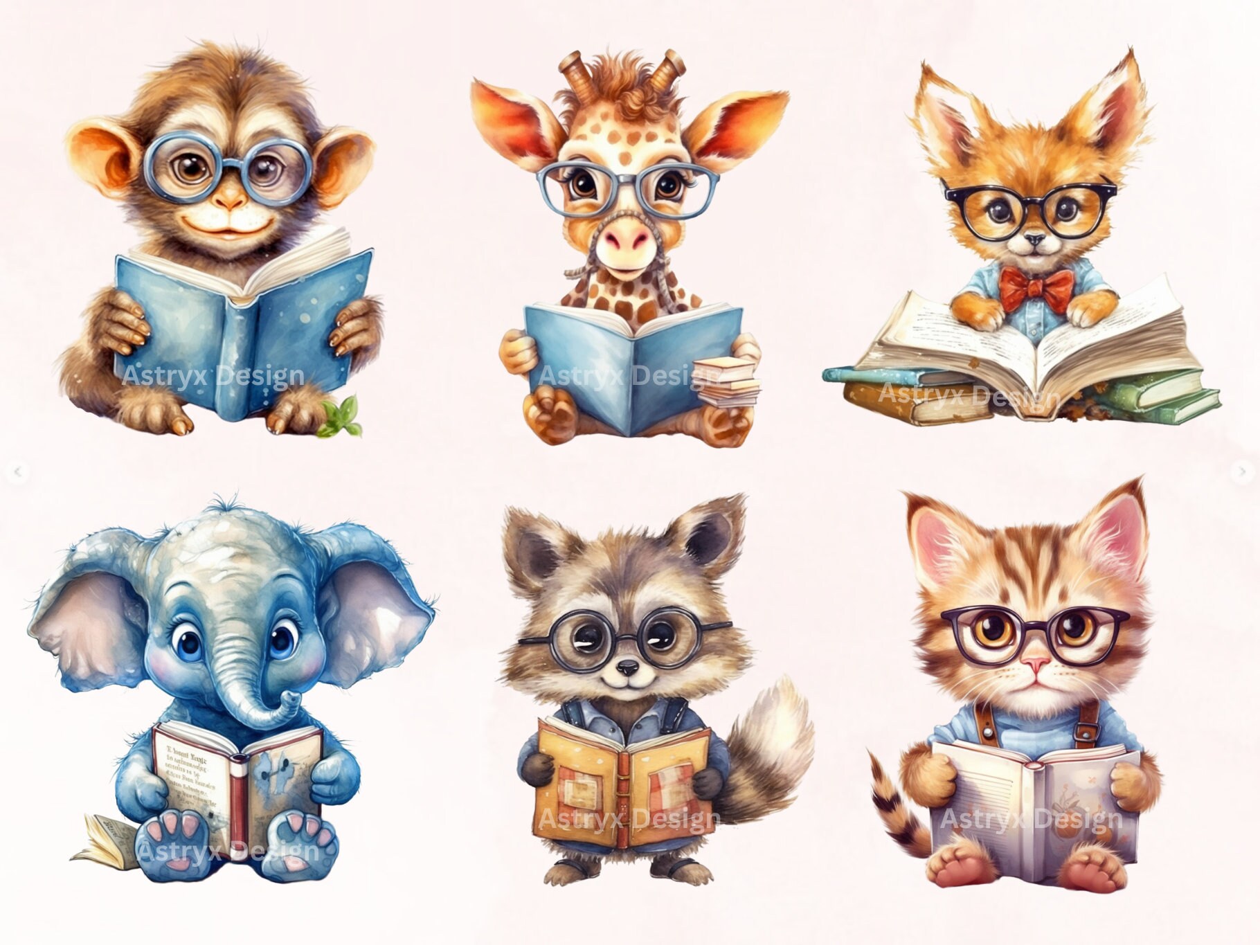 Watercolor Bookworm Animals Clipart, Fairytale Reading Animals Clipart ...