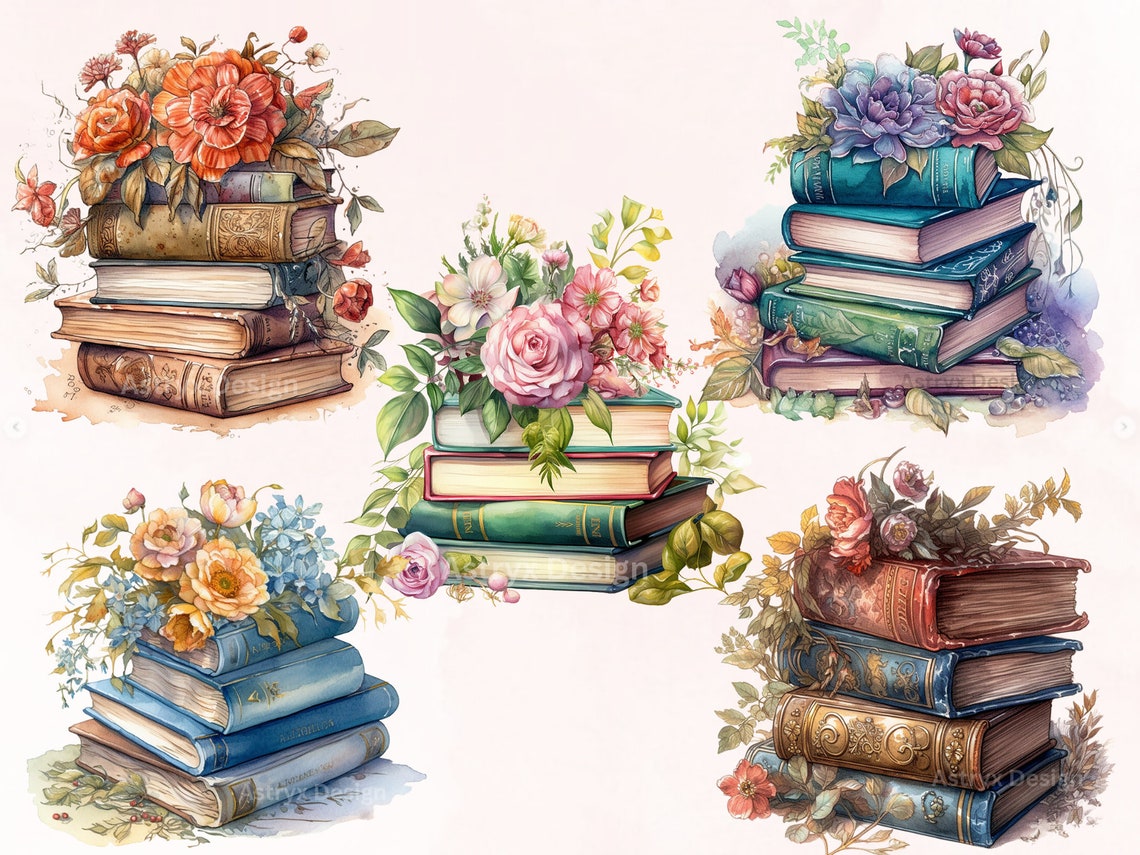22 PNG Watercolor Floral Books Clipart, Book Bundle PNG, Open Book ...