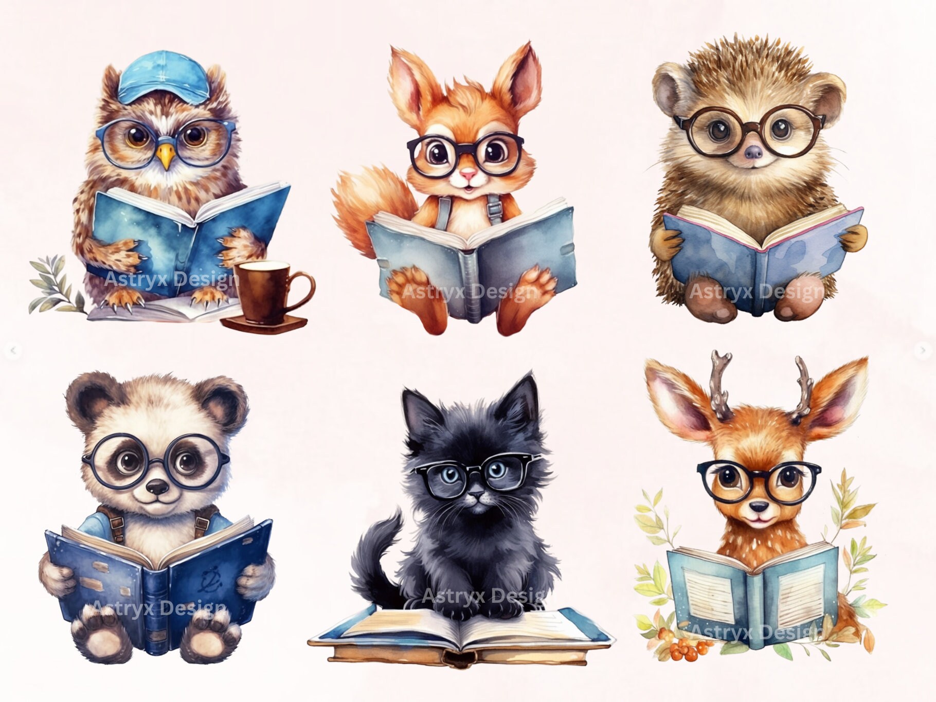 Watercolor Bookworm Animals Clipart, Fairytale Reading Animals Clipart ...