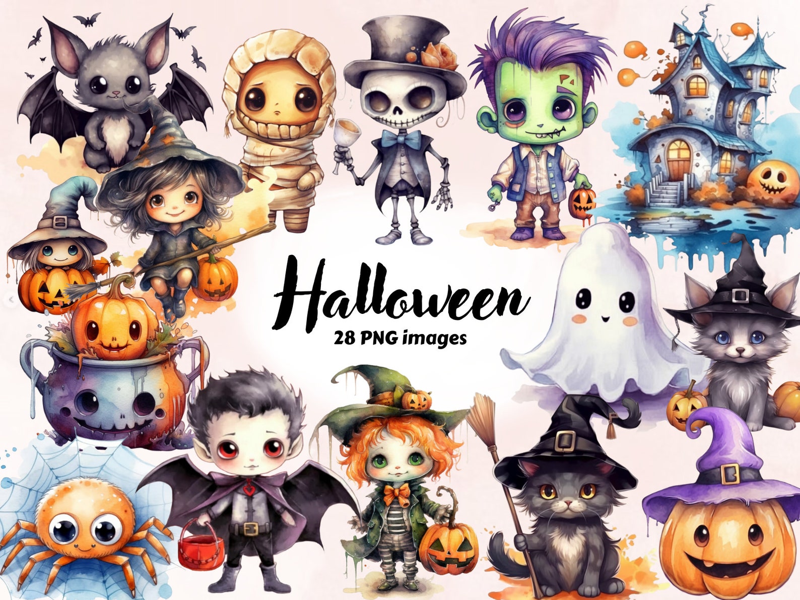 Cute Halloween Clipart Bundle, 28 PNG Kawaii Halloween Clipart for ...
