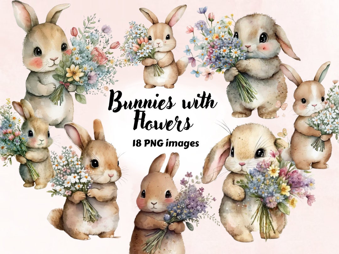 Bunnies With Flowers Png, Bunny Clipart, Cute Bunny,commercial Use ...