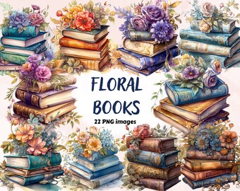 Watercolor Floral Books Clipart Book Bundle PNG, Open Book Clipart ...