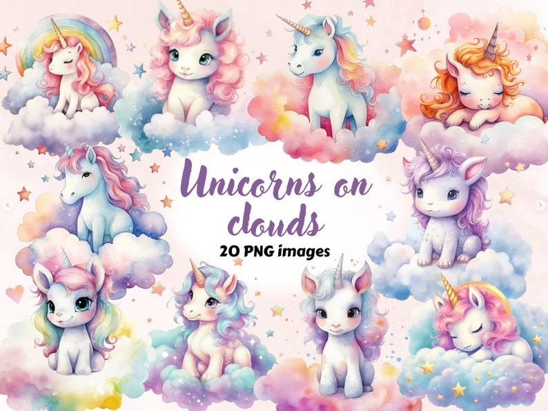 20 Fairytale Unicorns on Clouds Watercolor Clipart Bundle, PNG, Unicorn ...