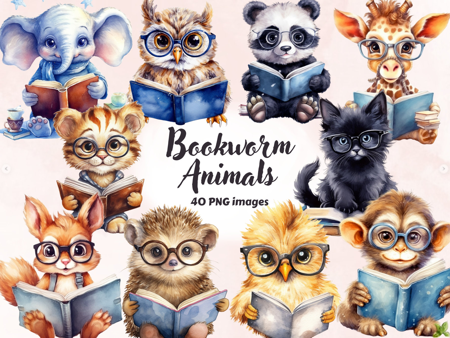 Watercolor Bookworm Animals Clipart, Fairytale Reading Animals Clipart ...