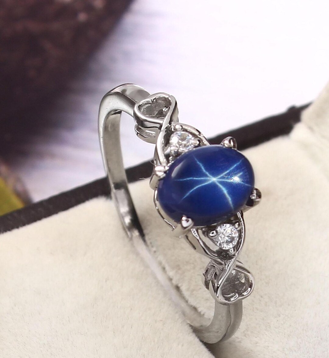 Blue Lindy Star Sapphire & Moissanite Solid 925 Sterling Silver ...