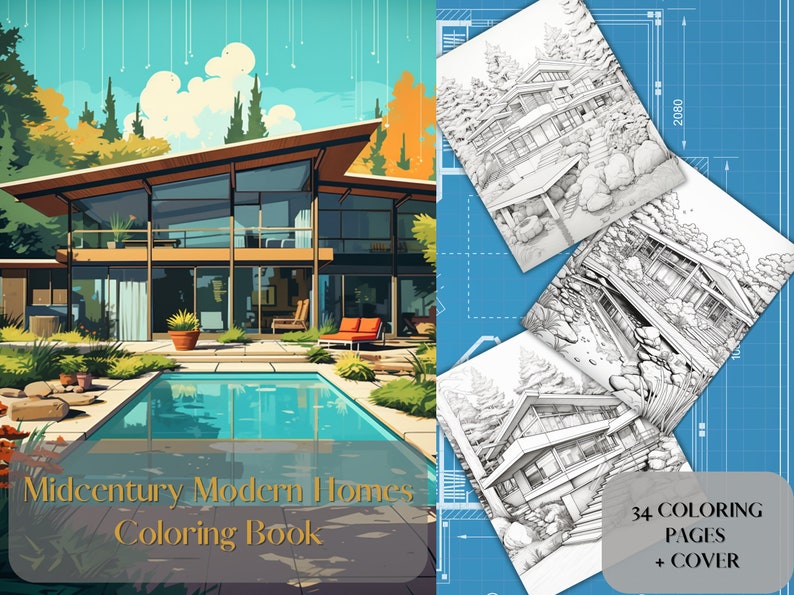 Midcentury Modern Homes Coloring Book - Coloring Book for Peace and ...