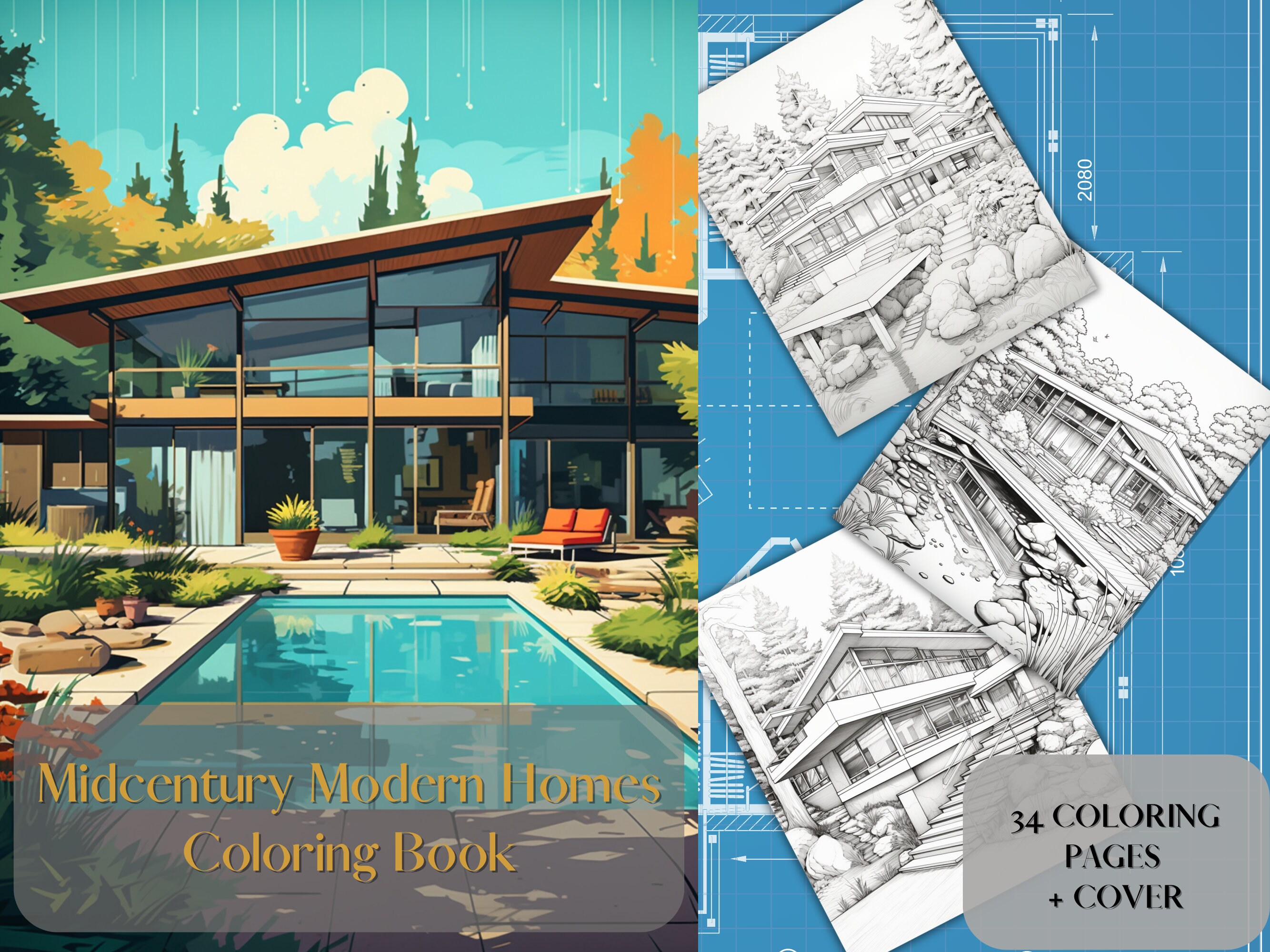 Midcentury Modern Homes Coloring Book - Coloring Book for Peace and ...