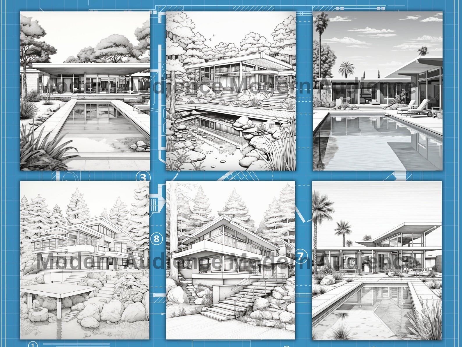 Midcentury Modern Homes Coloring Book - Coloring Book for Peace and ...