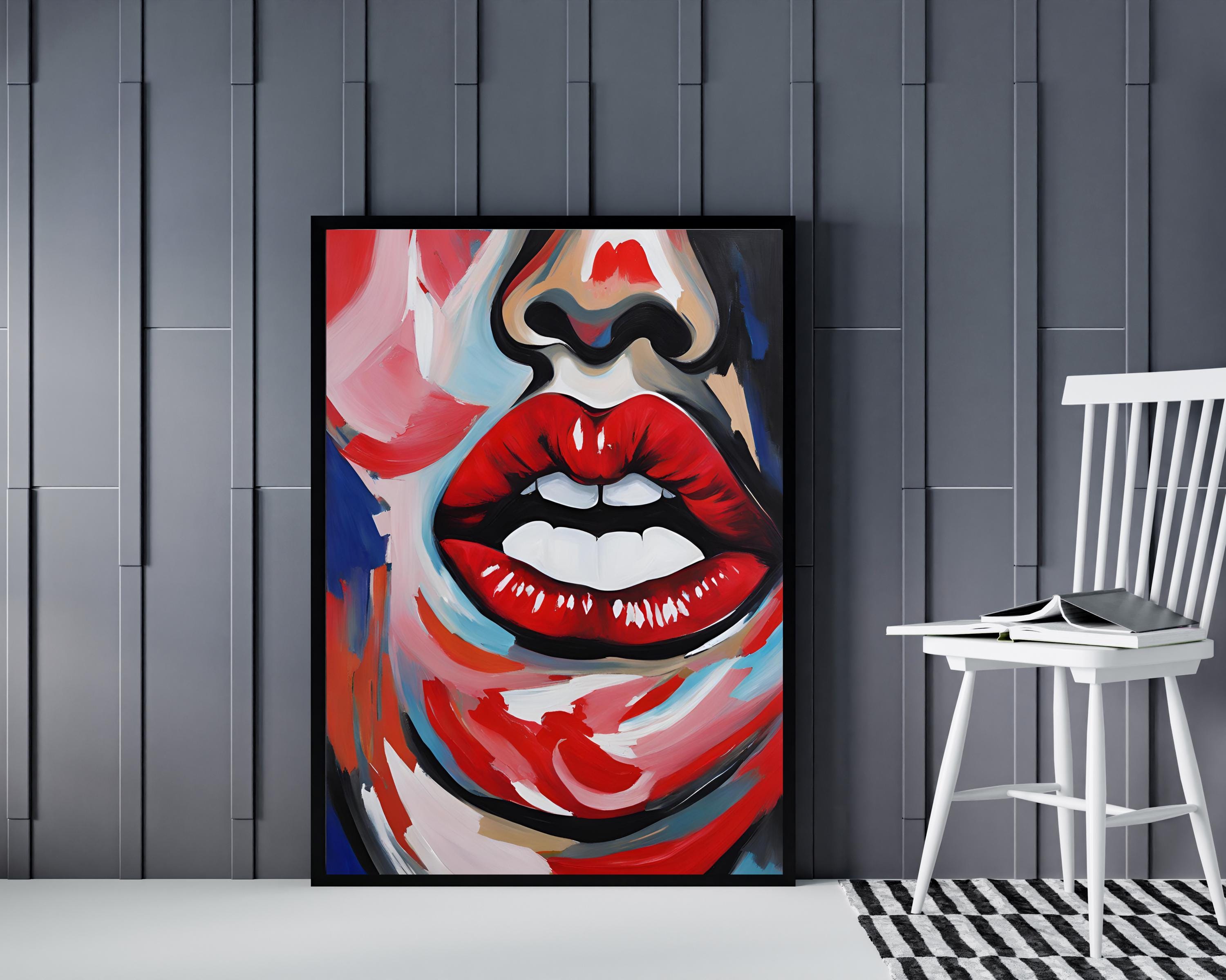 Funky Wall Art Red Lips Print | Woman Portrait Oil Painting Style Pop ...
