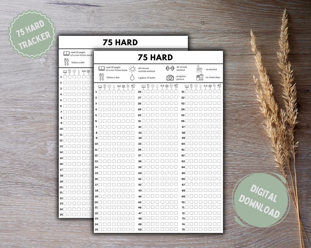75 Hard Tracker Printable Fitness Challenge Tracker Instant Digital ...