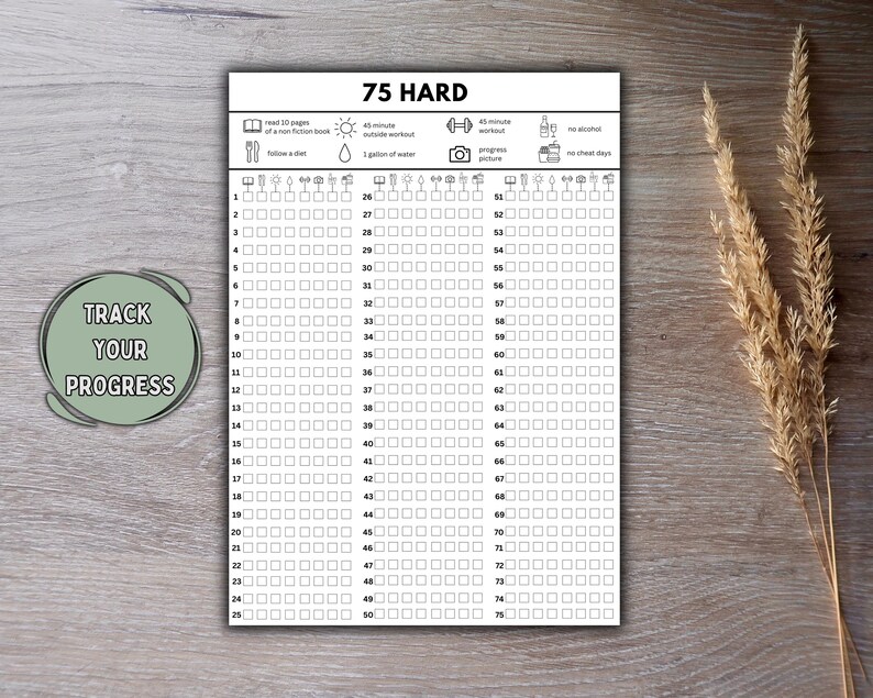 75 Hard Tracker Printable Fitness Challenge Tracker Instant Digital ...