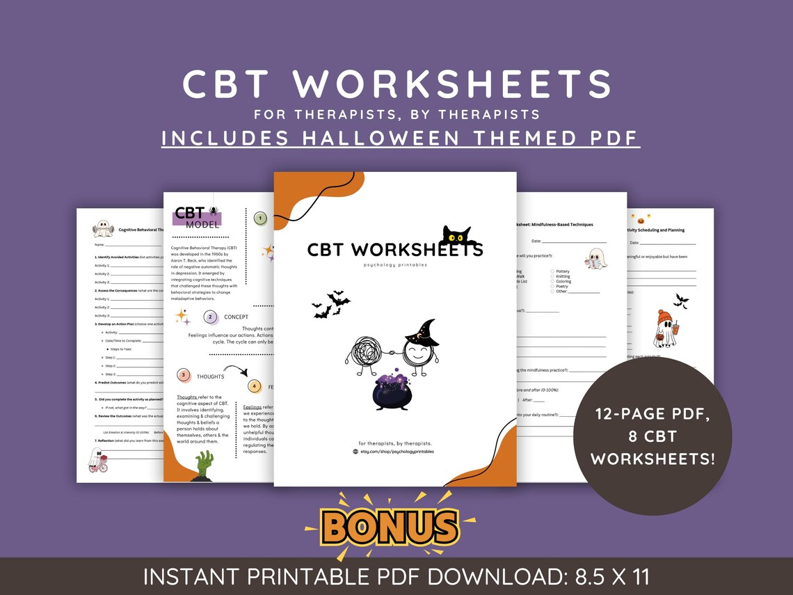 CBT Printable Worksheets for Teens & Adults, PDF Download, for Therapists, for Clinicians, Bonus ...