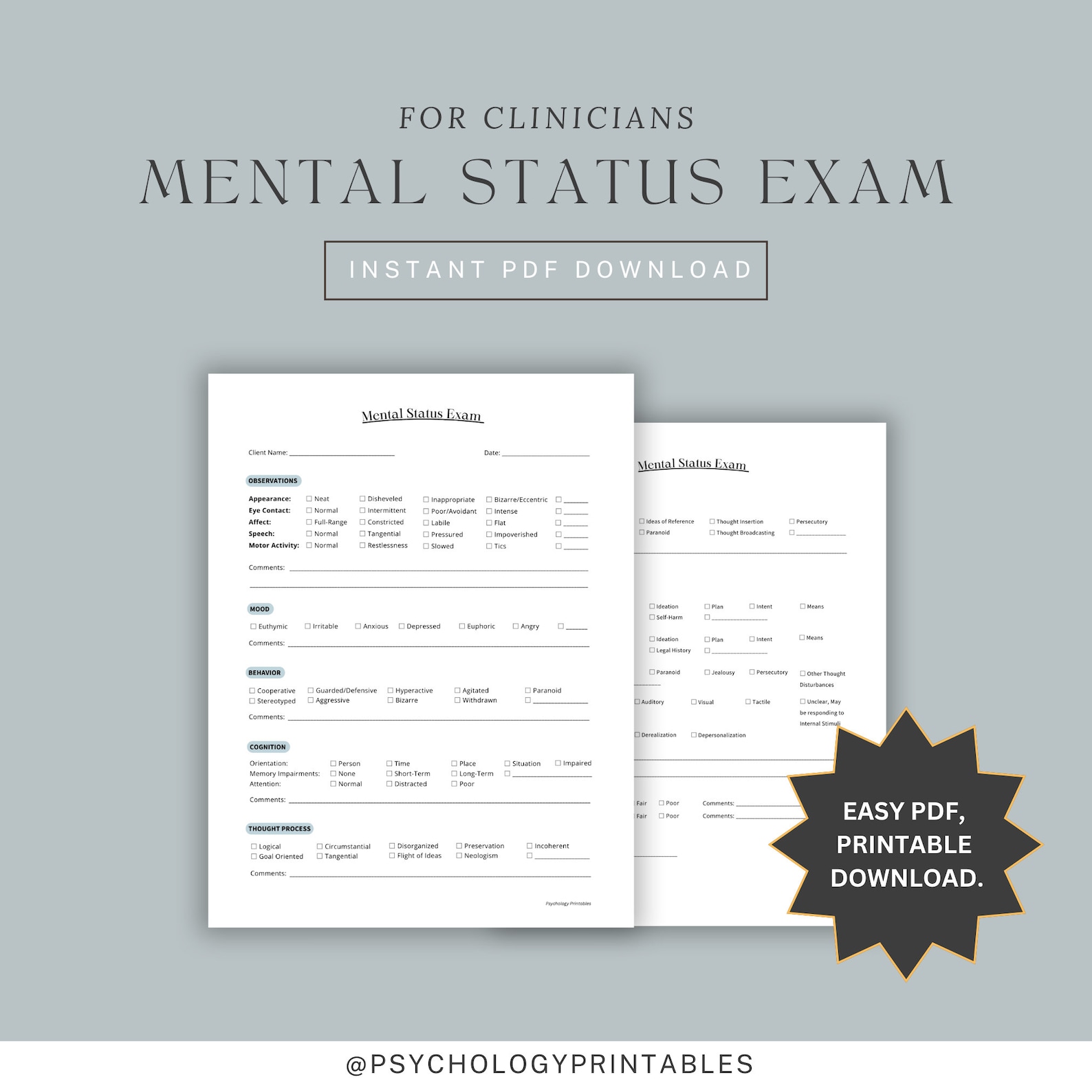Mental Status Exam Form: Tools for Clinicians, Psychologists ...