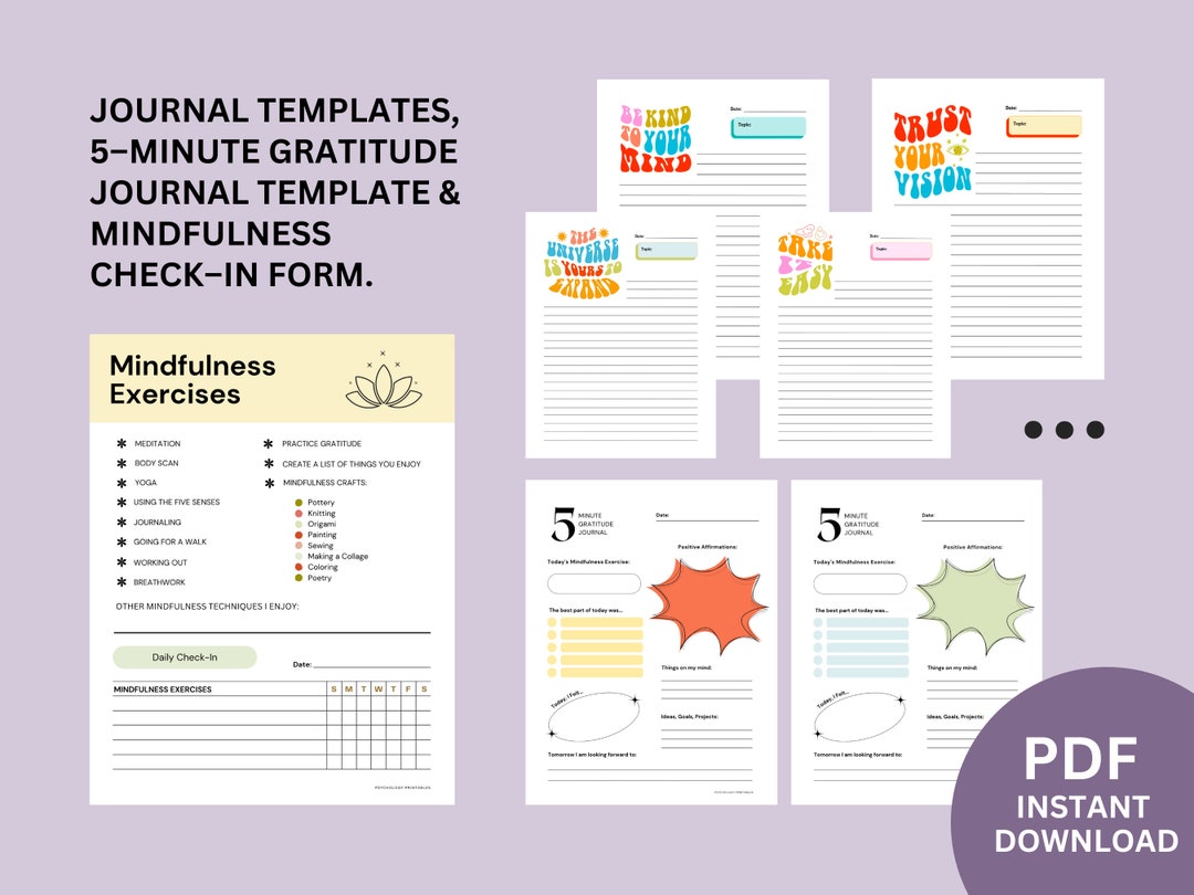 Mindfulness Journal, 5-minute Gratitude Template PDF Download for ...