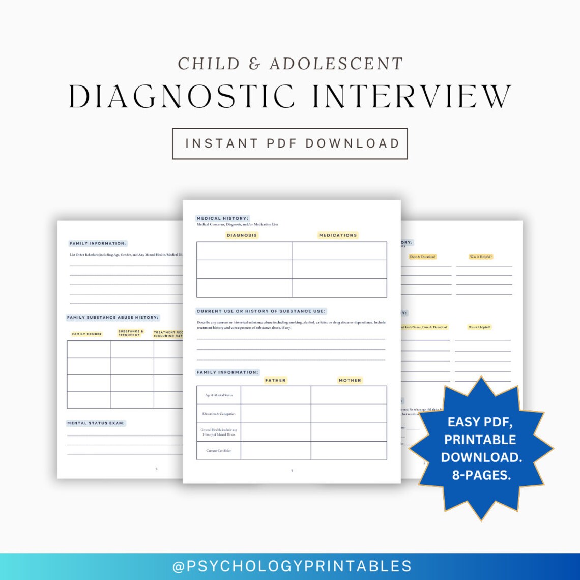 Printable Diagnostic Interview, Biopsychosocial, Counseling Intake Form ...
