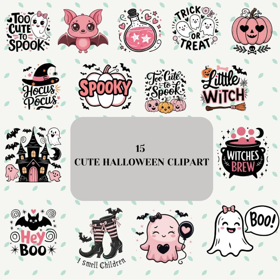 Cute Pink Halloween Clipart Collection: 15 Cute and Spooky Sublimation ...