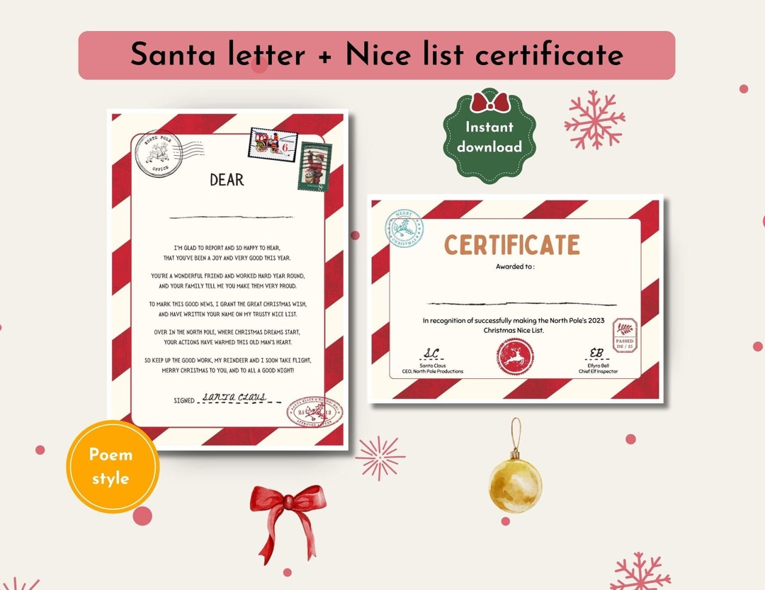 Printable Letter From Santa and Nice List Certificate - Etsy
