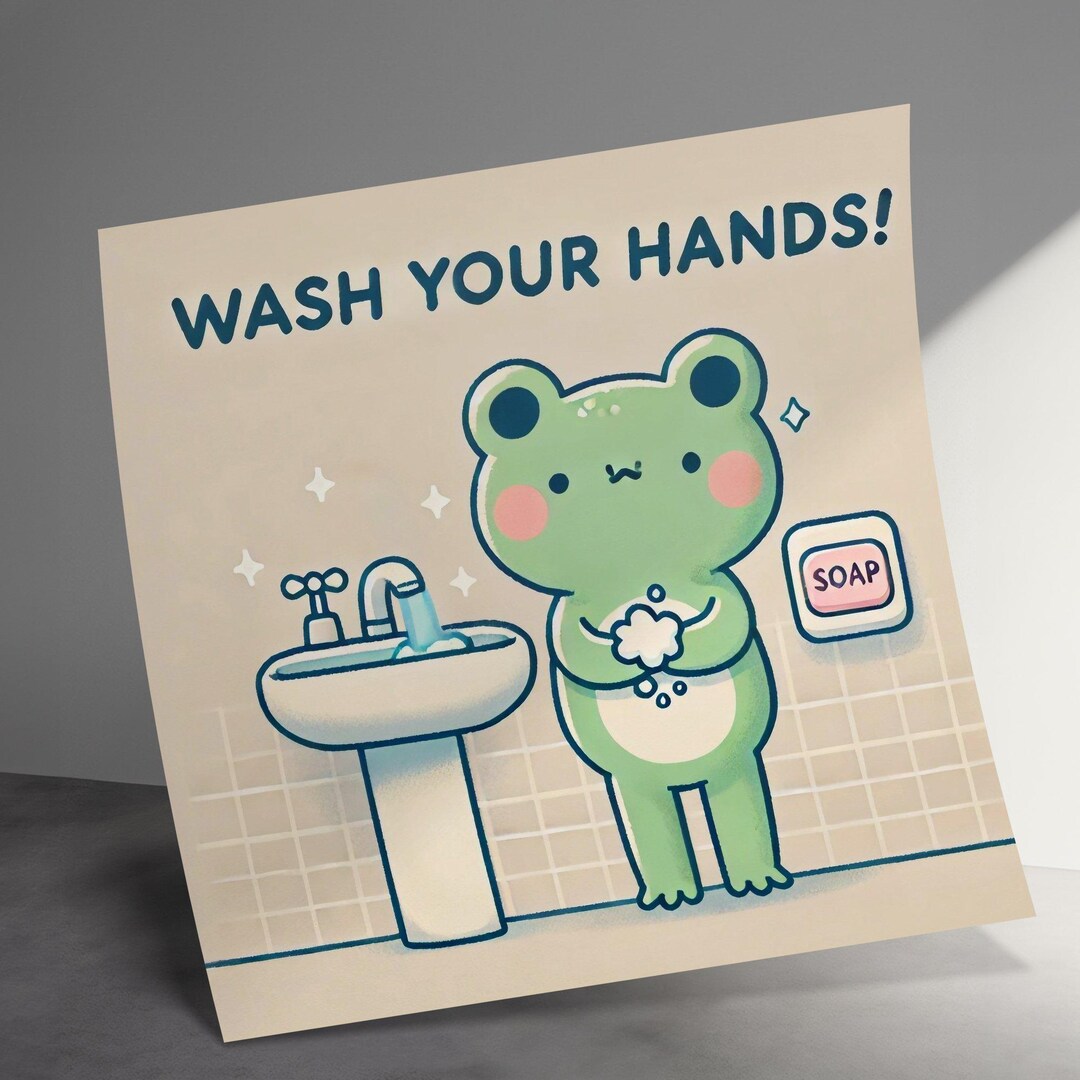 Cute Frog Wash Your Hands Poster, Kids Bathroom Decor, Adorable Frog ...