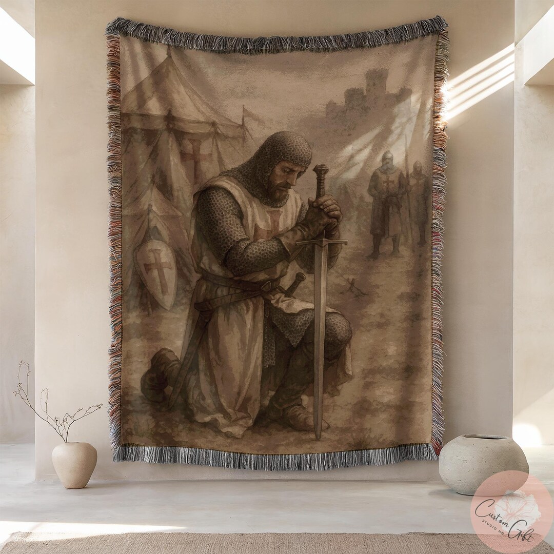 Crusader Woven Blanket, Knight Pillow, Medieval Room Tapestry, Crusades ...