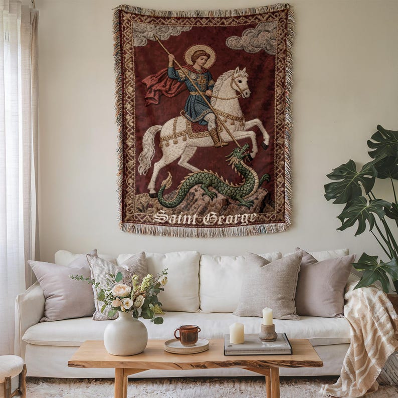 Orthodox Icon of Saint George the Dragon Slayer, Serbian Woven Blanket ...