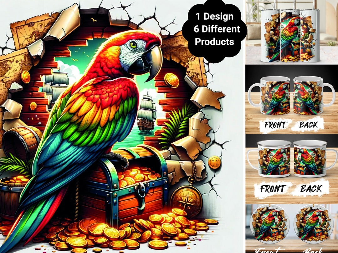 Colorful Parrot Treasure Chest Artwork 20oz Tumbler, 11oz and 15oz Mug ...