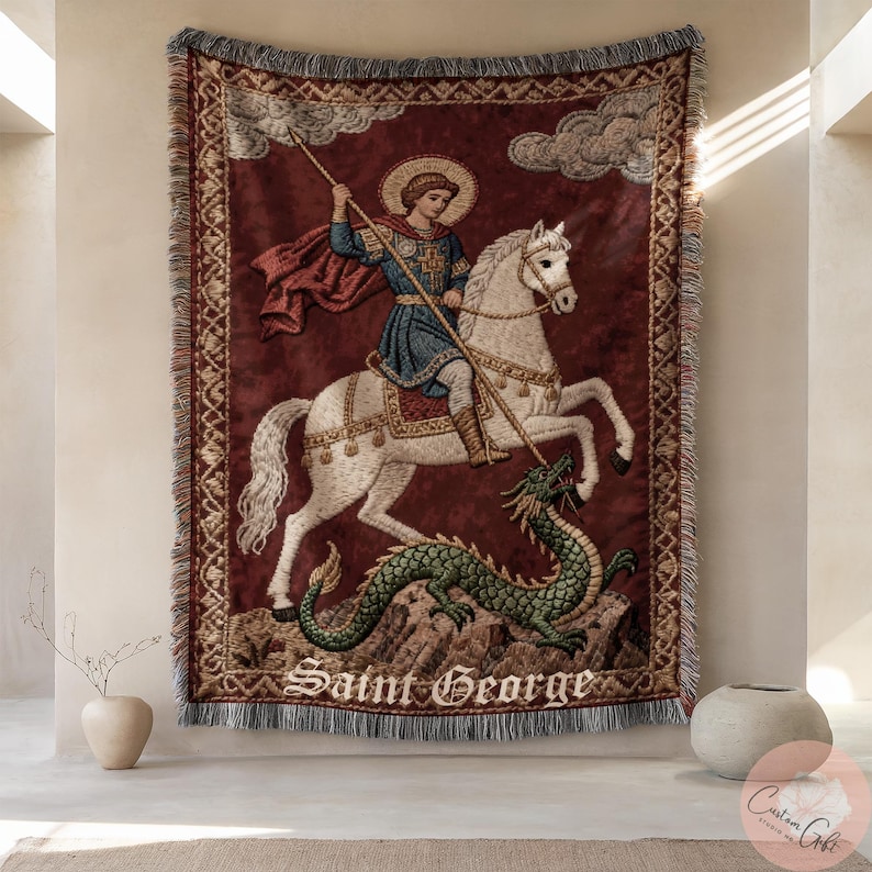 Orthodox Icon of Saint George the Dragon Slayer, Serbian Woven Blanket ...