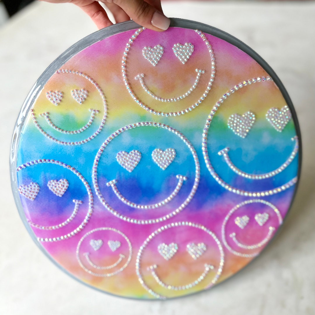 Rhinestone Smiley Face Resin Wall Art, Pastel Wood Decor - Etsy