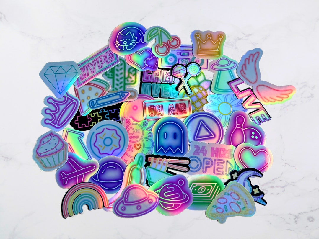 40-pack Neon Holographic Vinyl Stickers, Waterproof Glossy Decals - Etsy