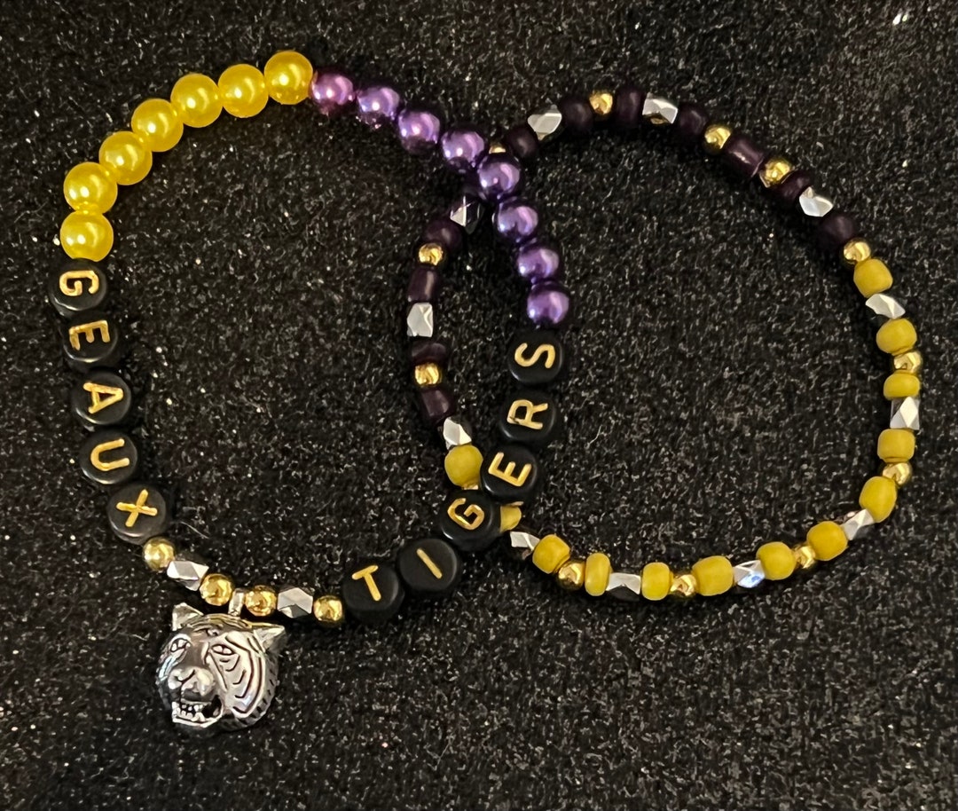 LSU Tigers Purple Gold Beaded Bracelet Set With Tiger Charm - Etsy