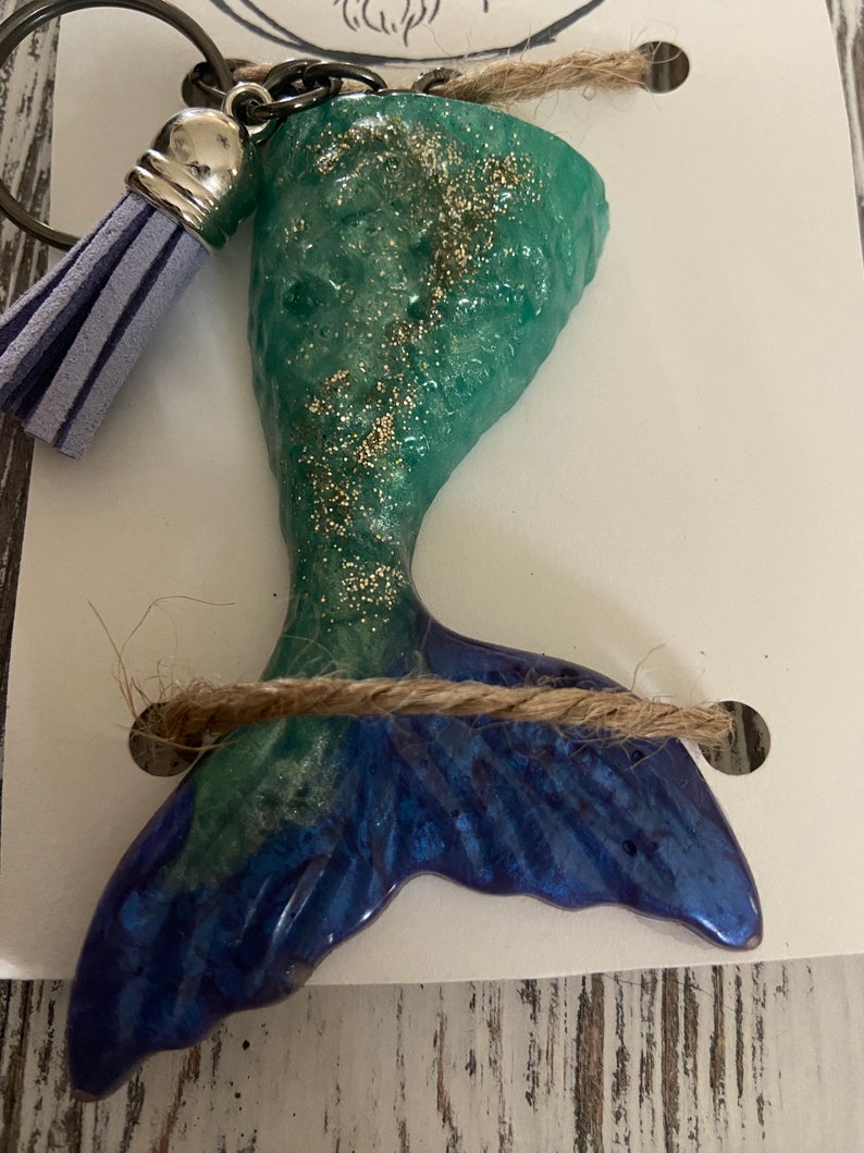 Glittery Mermaid Tail Resin Keychain - Sparkling Aqua Hues Mixed With ...