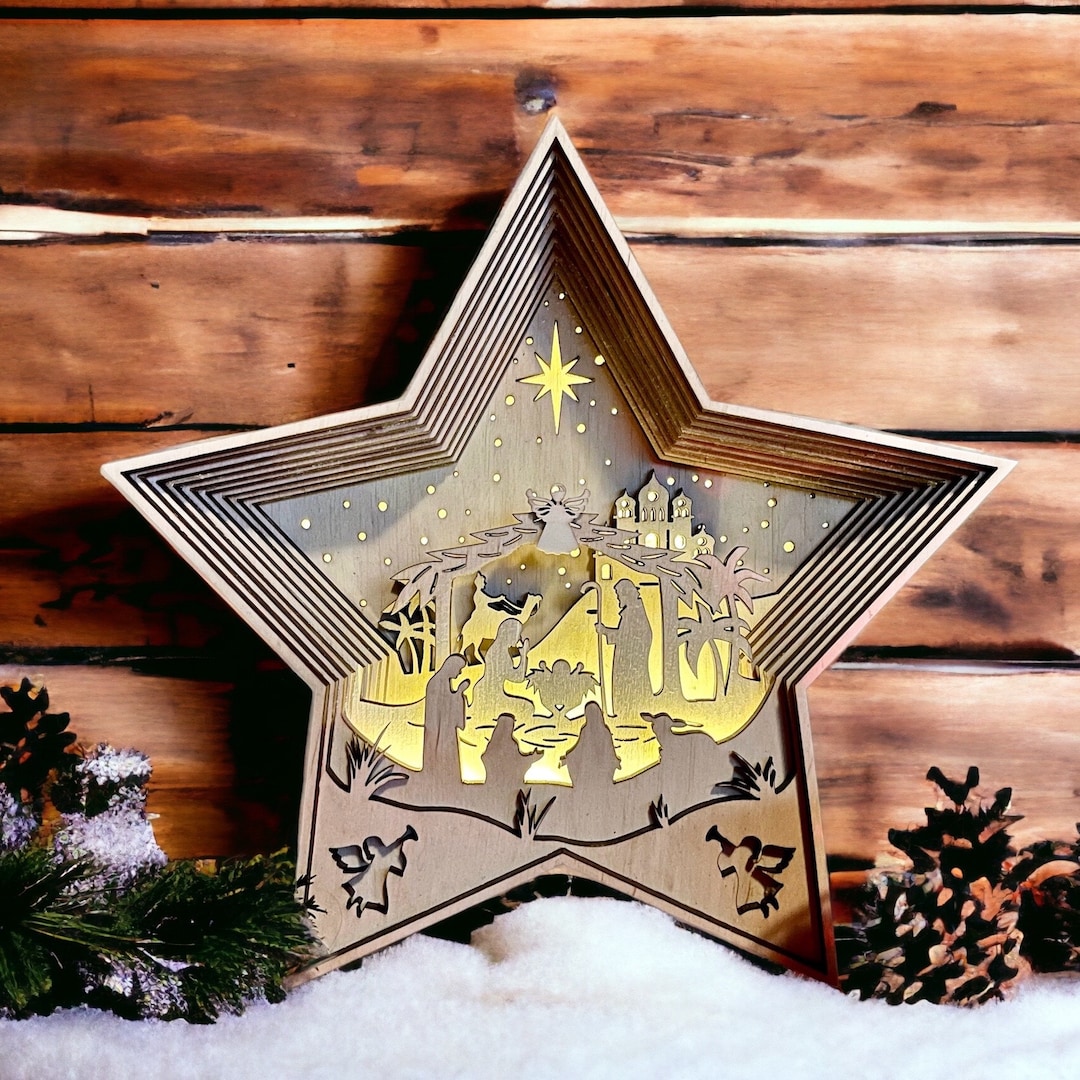 Wooden Christmas Crib With LED Lighting Handmade Made of Birch Wood ...