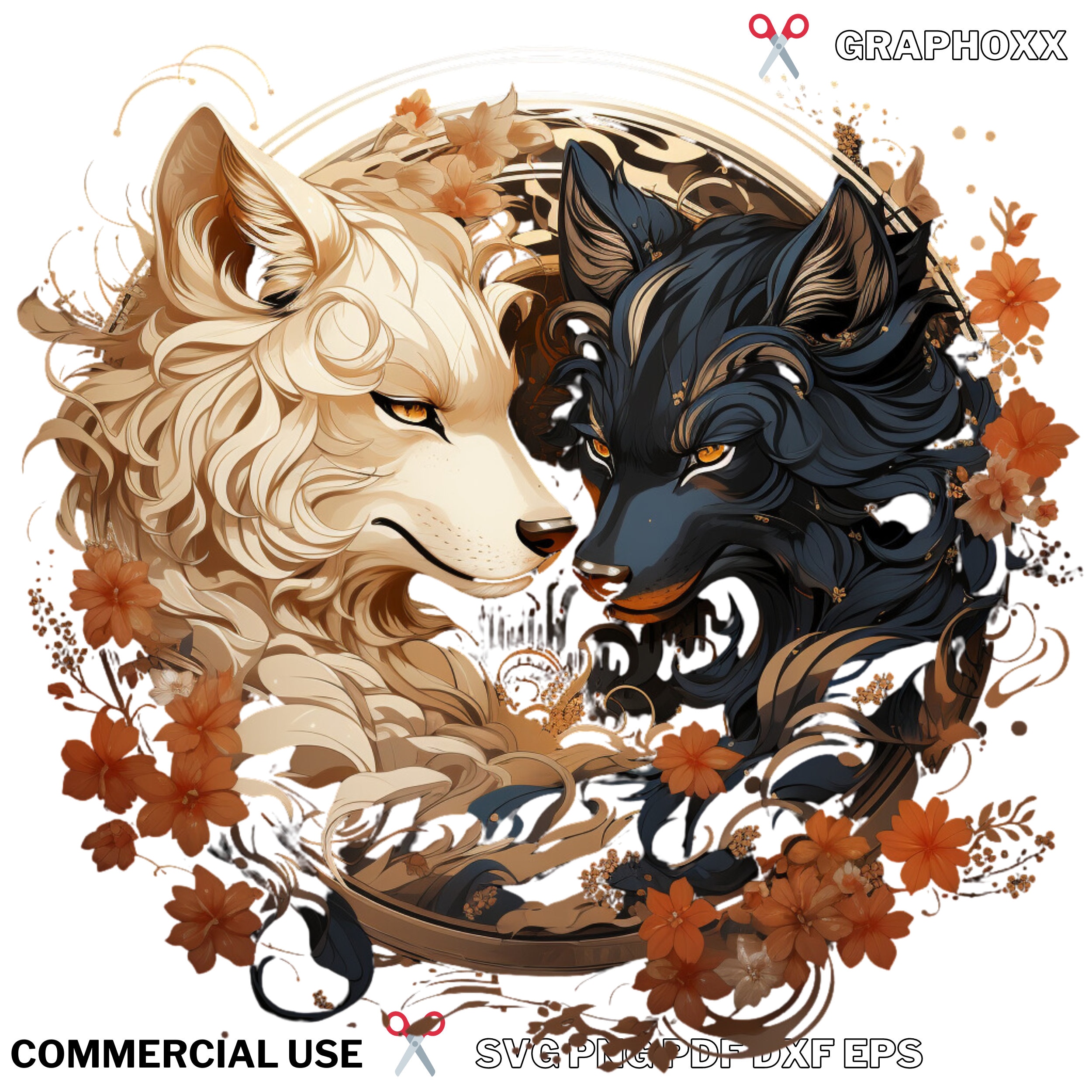 Yin Yang Symbol PNG Shown With Two Wolf Faces, in the Style of Dark ...