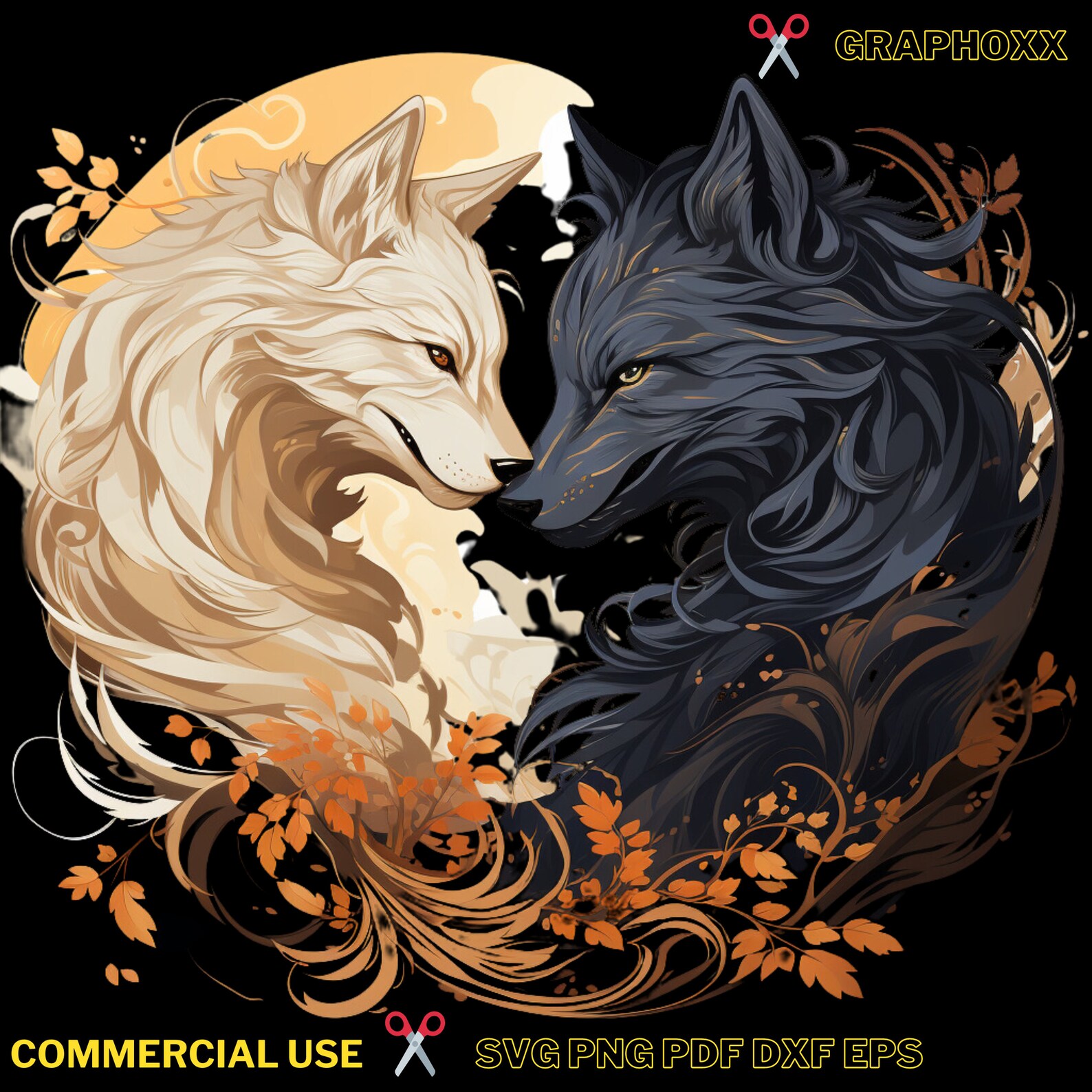 Yin Yang Symbol Png Shown With Two Wolf Faces In The Style Of Dark Beige And Black Mystical