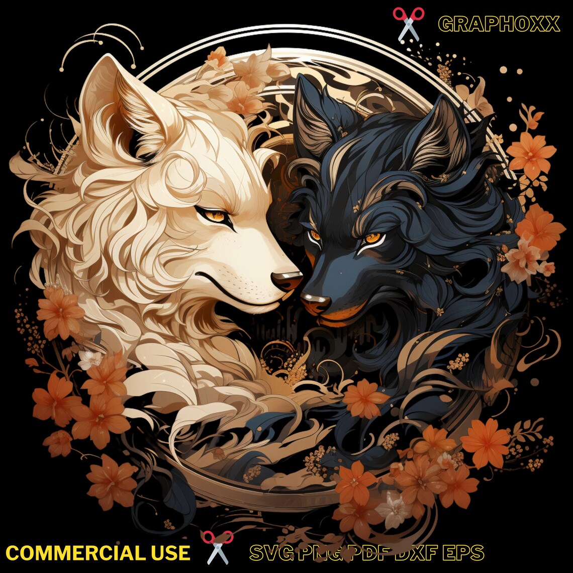 Yin Yang Symbol PNG Shown With Two Wolf Faces, in the Style of Dark ...