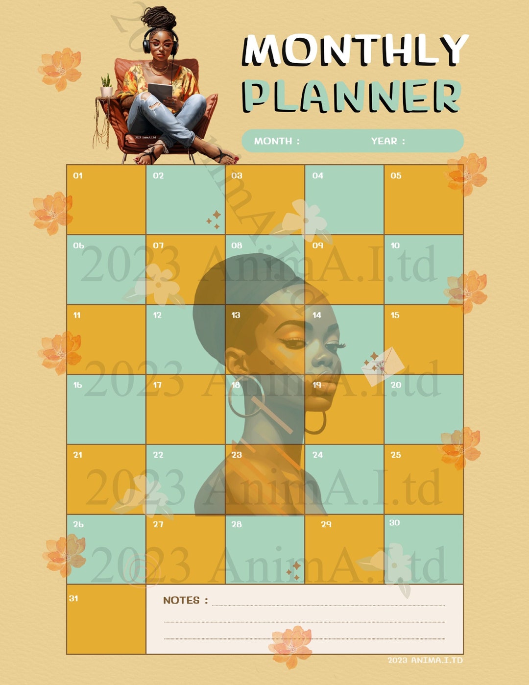 Black Woman Monthly Planner, Printable Blank Planner, Downloadable ...
