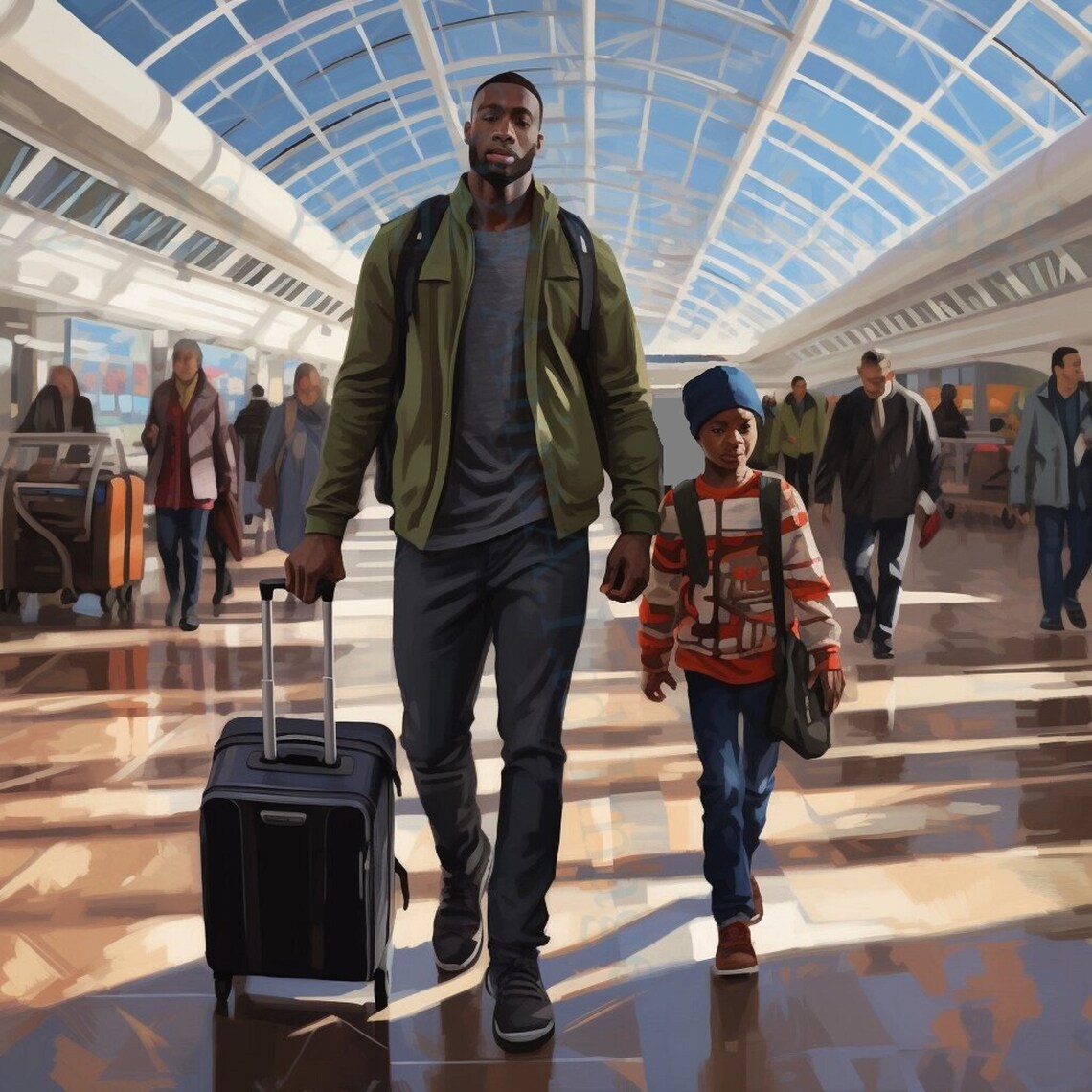 Black Traveling Dads Airport Clip Art, African American Digital Art ...