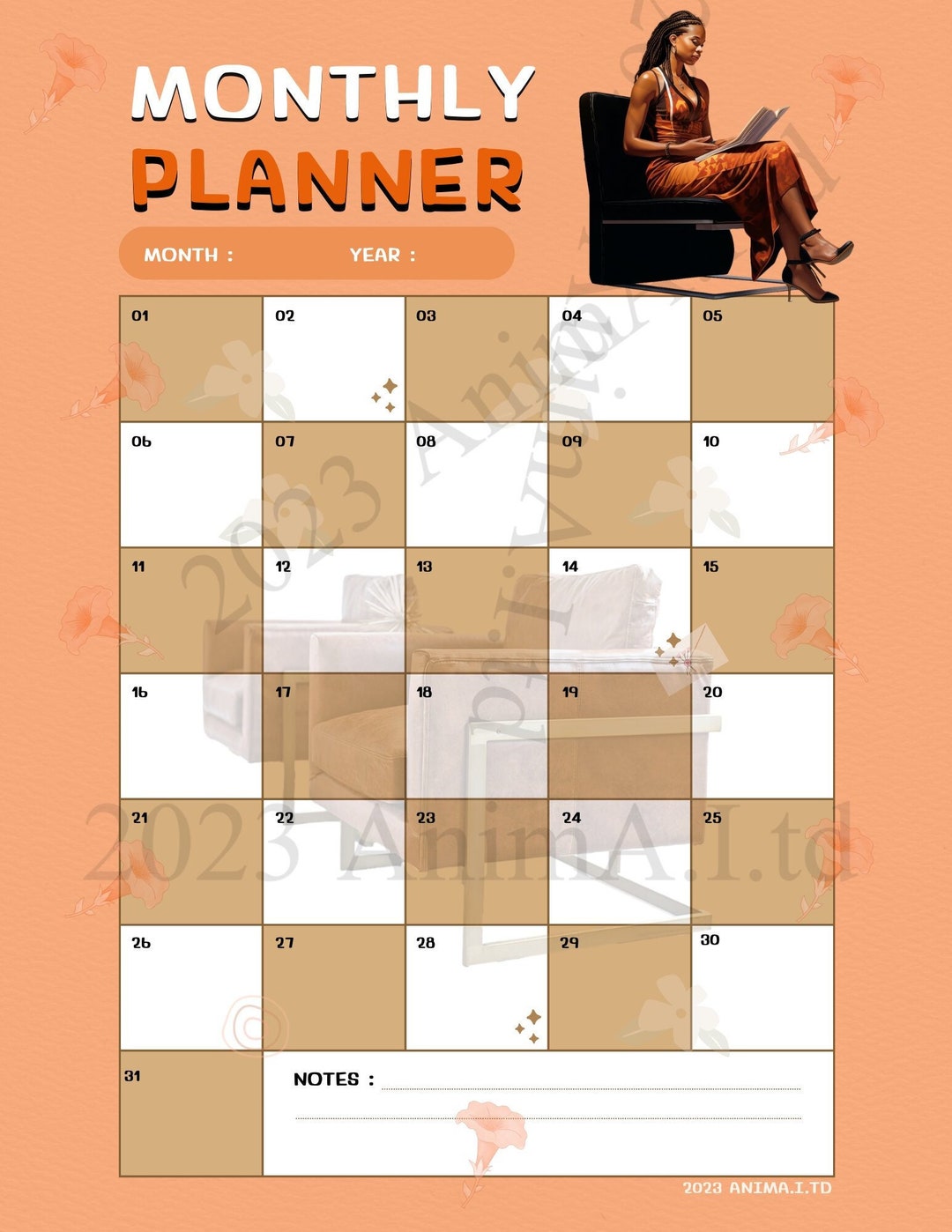Black Woman Monthly Planner, Printable Blank Downloadable Planners ...
